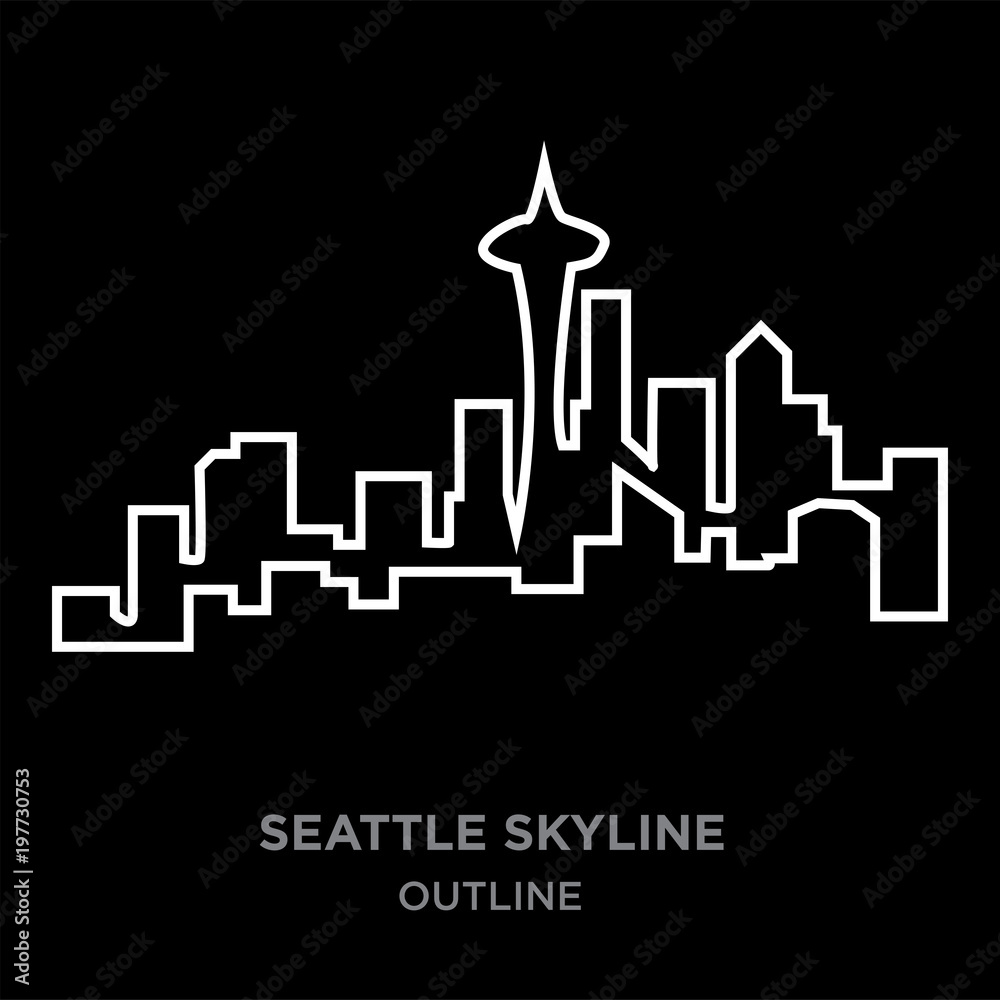 white border seattle skyline outline on black background, vector ...