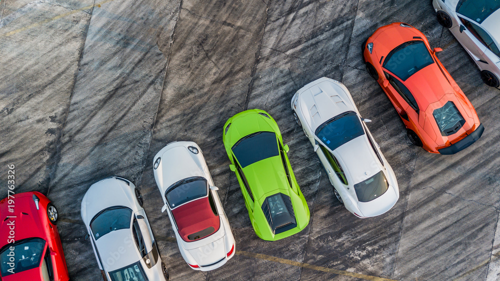 Top view super car on asphalt road, Aerial view super car show. Stock ...