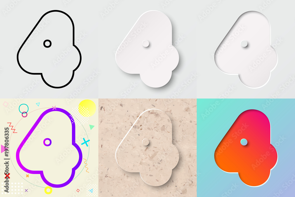 vector illustration set of cute bold rounded number four lettering with ...