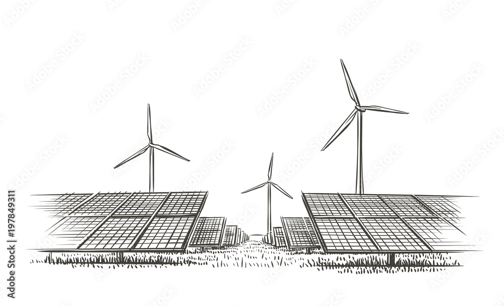 Alternative sources of energy (wind, solar) hand drawn sketch. Vector ...