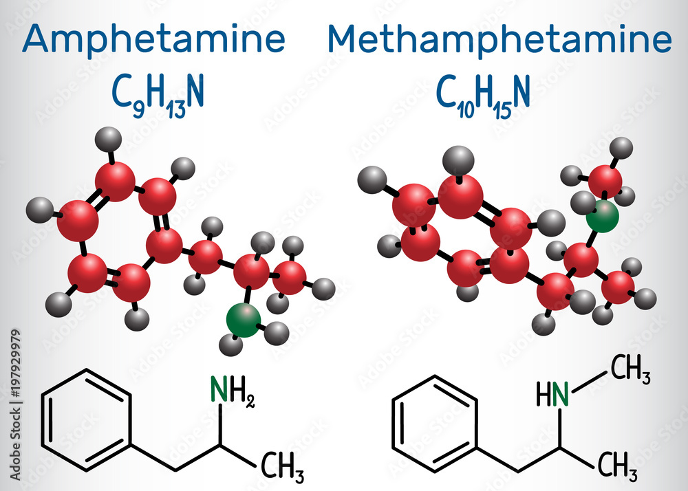 Amfetamine (amphetamine, C9H13N) and Methamphetamine (crystal meth, C10H15N) molecule ...