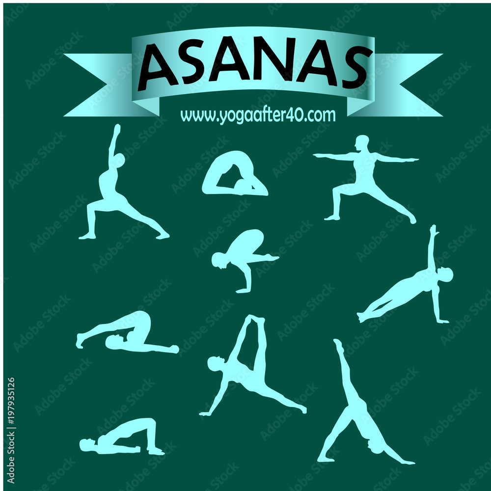 Yoga asanas blue silhouettes positions isolated on a green background ...