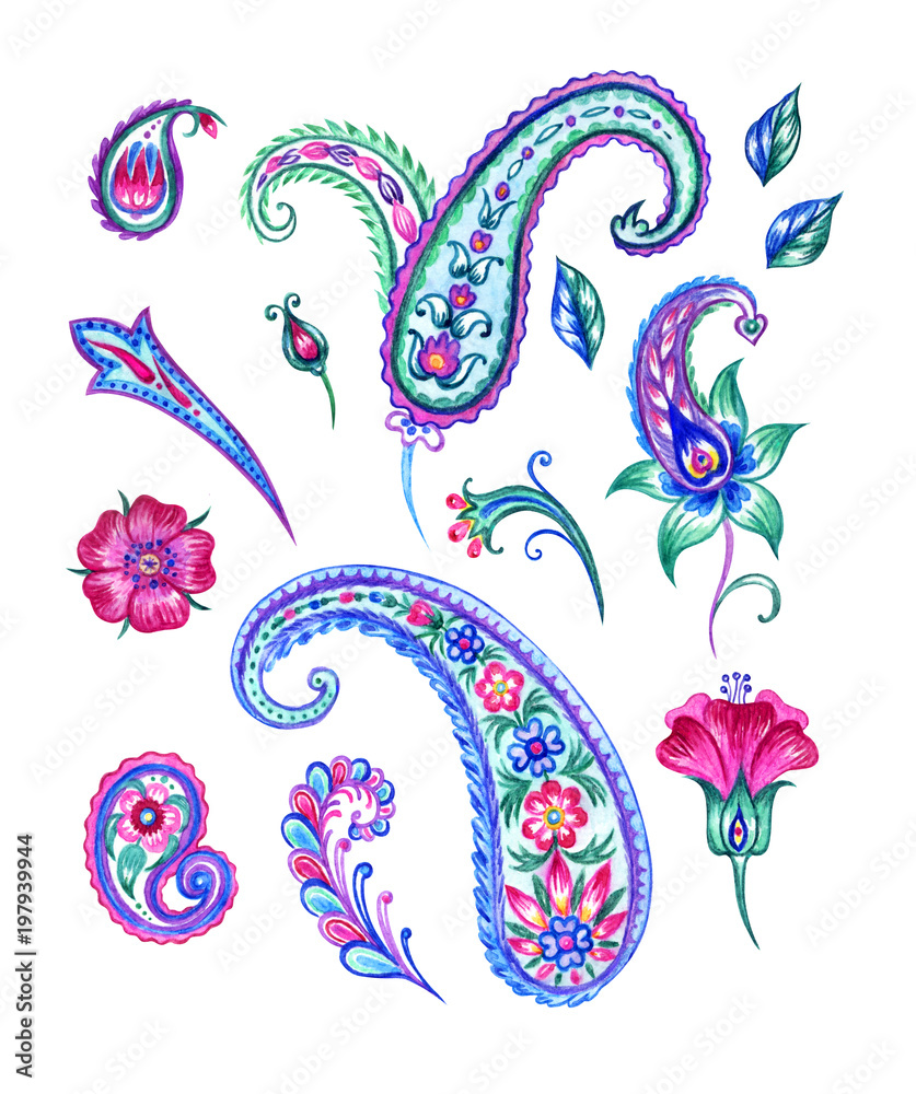 Set of paisley patterns, watercolor pattern on white background ...