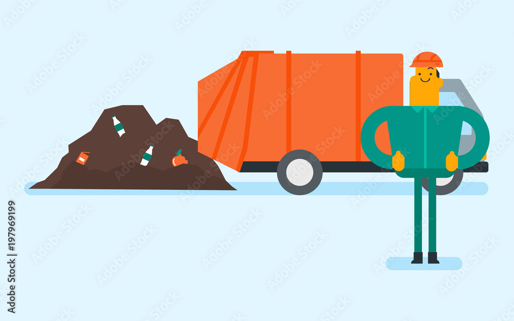Caucasian white man standing on the background of garbage truck ...