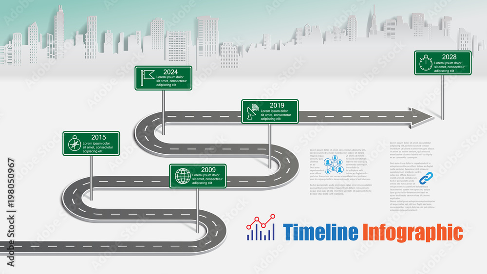 Business road map timeline infographic city designed for abstract background template milestone ...