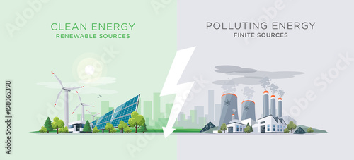 Vector illustration showing clean and polluting electricity generation production. Polluting ...