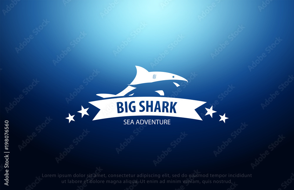 Shark logo with Underwater background with sun rays. Deep Ocean. Color ...