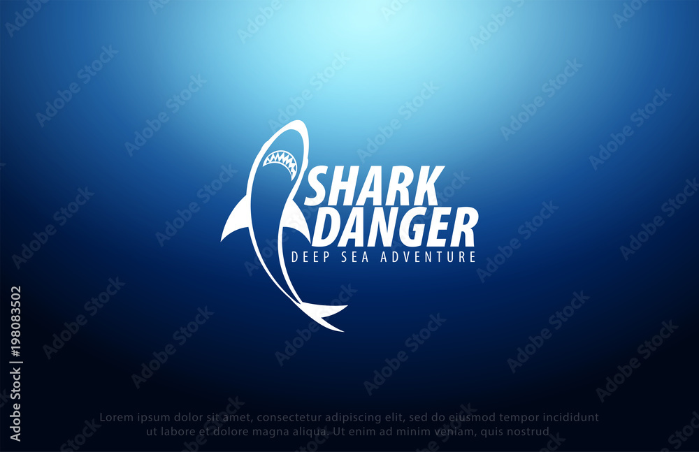 Shark logo with Underwater background with sun rays. Deep Ocean. Color ...