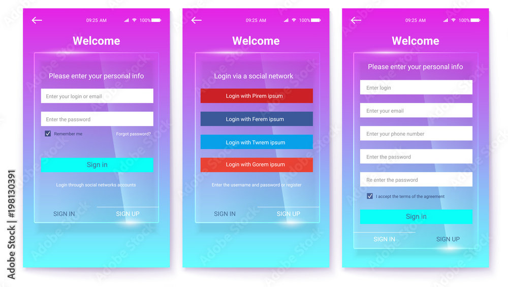 Kit of UX Screen on glass background. Register or authorization ...