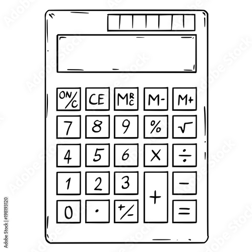 Cartoon drawing conceptual illustration of electronic calculator with ...