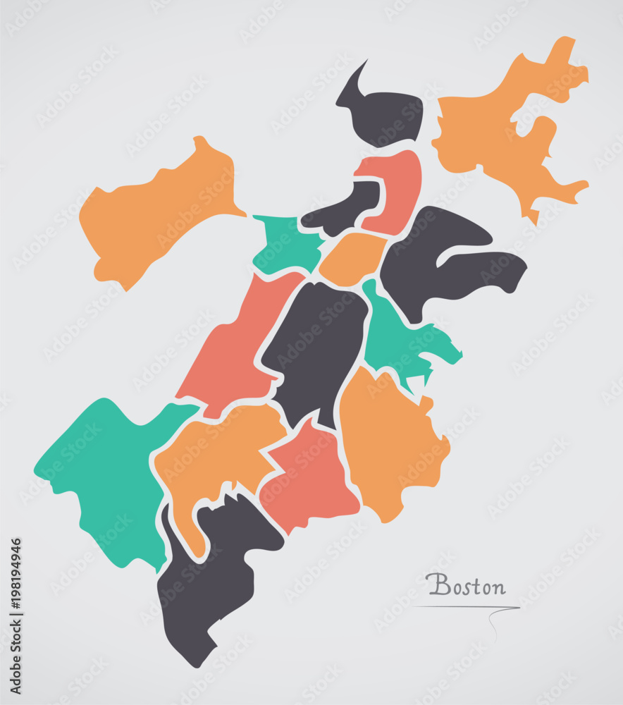 Boston Massachusetts Map with neighborhoods and modern round shapes ...