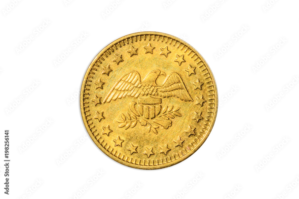 American golden coin meter token with eagle and stars of America, close ...