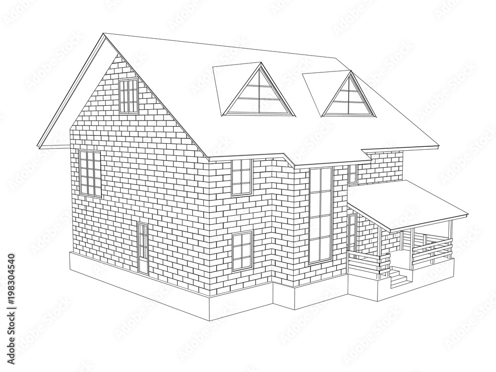 3d illustration of a two-storey cottage house. Line drawing. Walls from ...