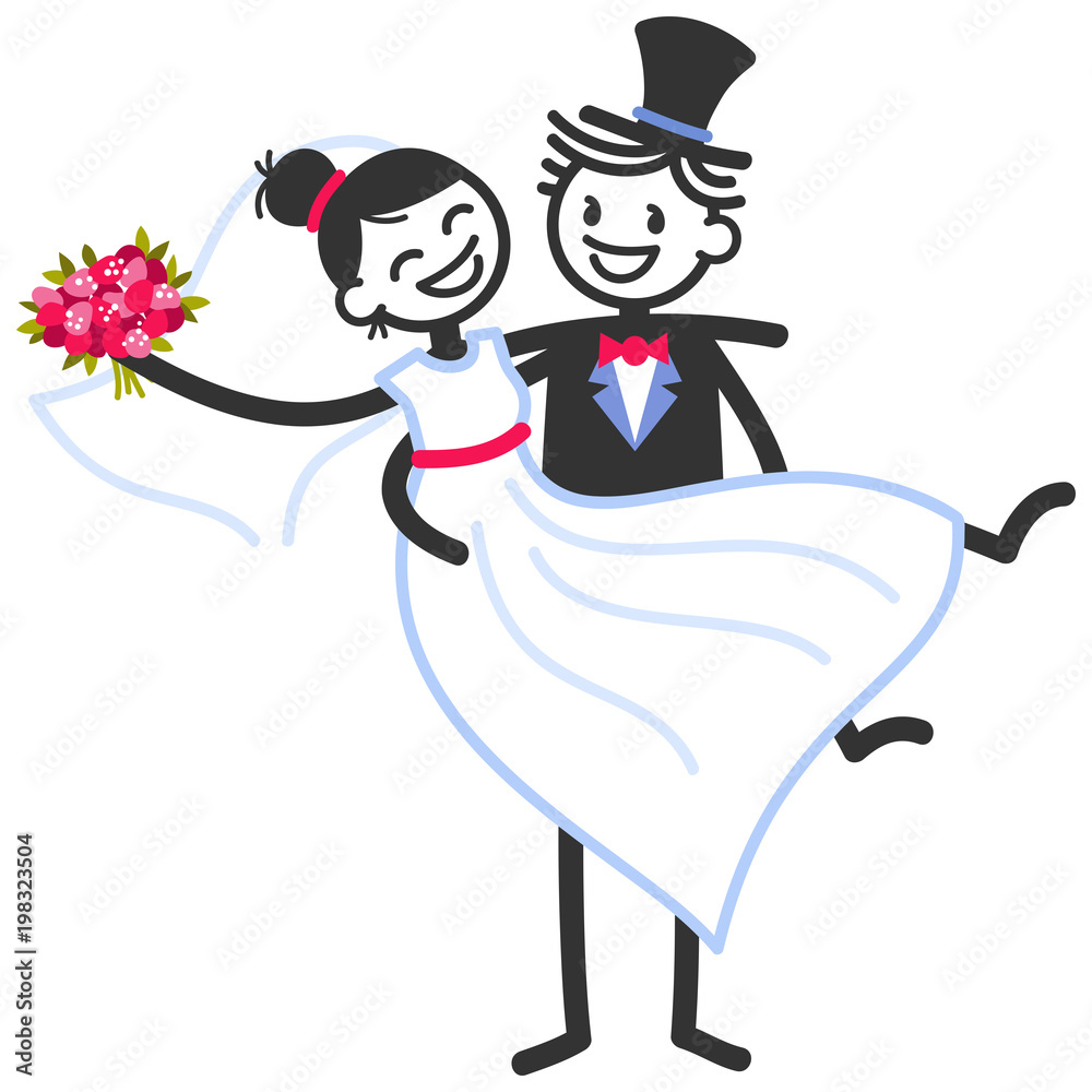 Vector wedding illustration of happy stick figures groom carrying bride ...