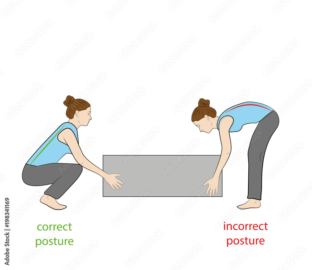 Correct posture to lift a heavy object safely. Illustration of health ...