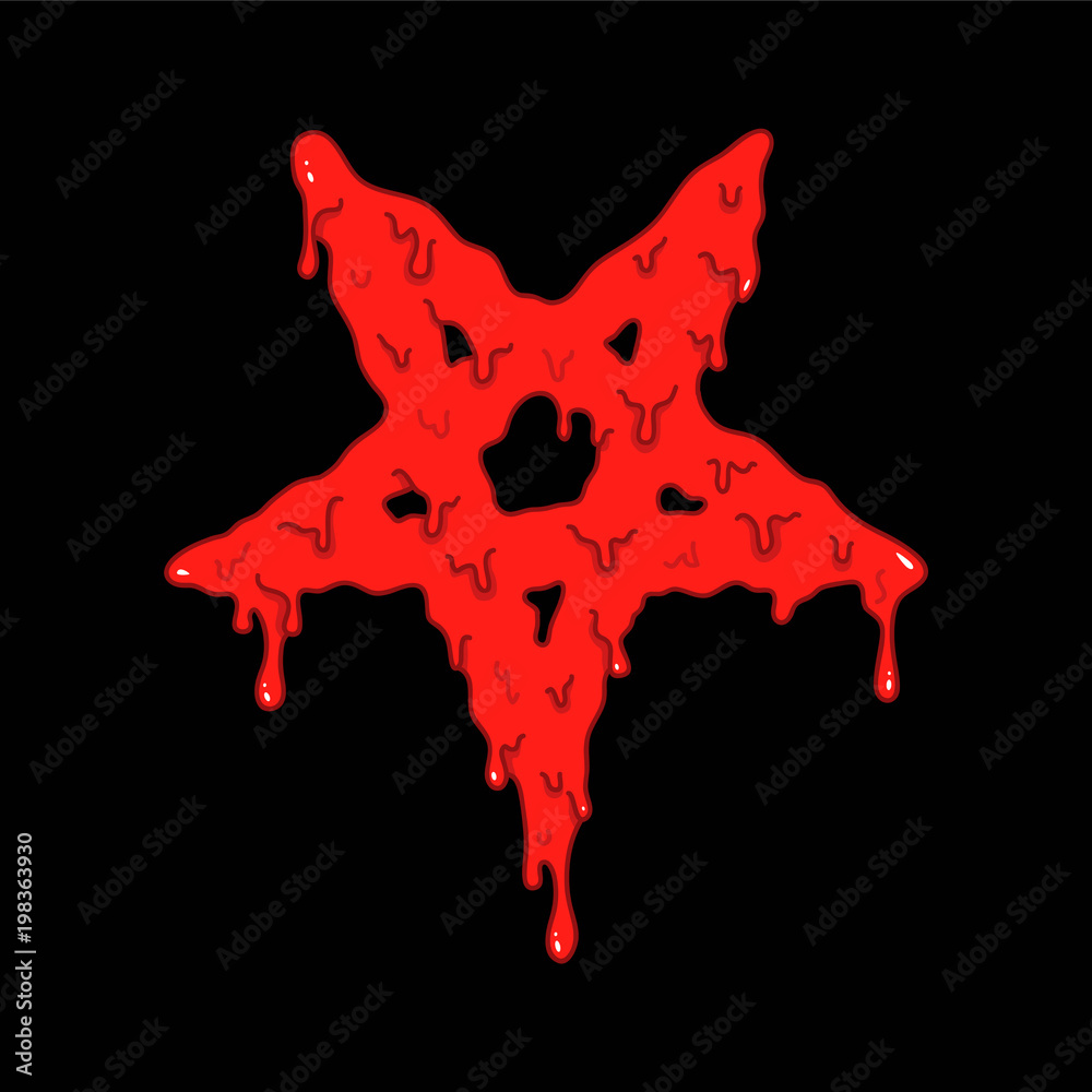Cartoon illustration of the bloody pentagram symbol on black background ...