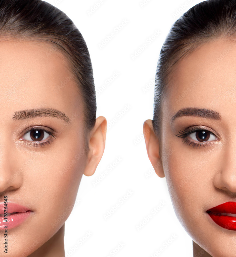 Female face, cut in half to present day and evening makeup, natural ...