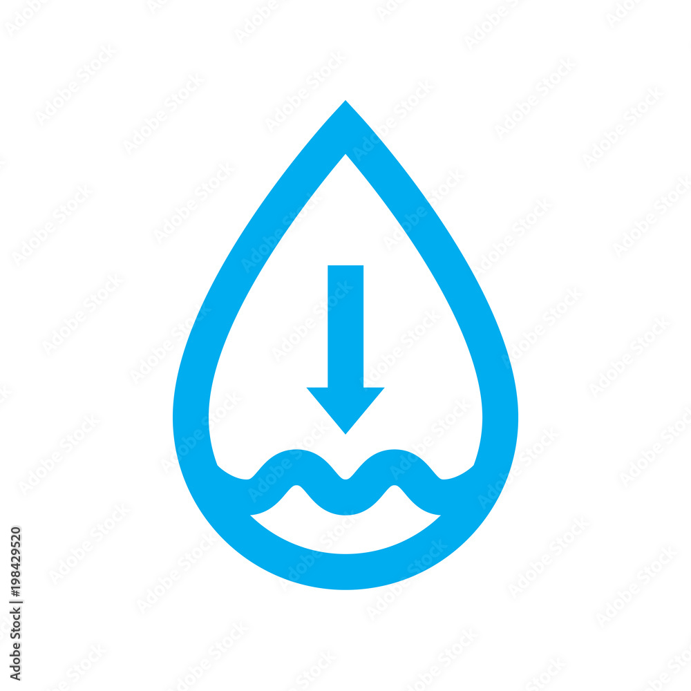 Low water supply level icon. Blue water drop shortage symbol isolated ...