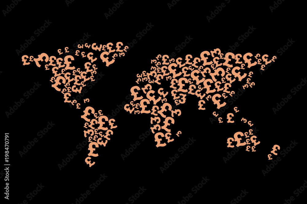 World map composed of currency symbols, global finance,pound Stock ...