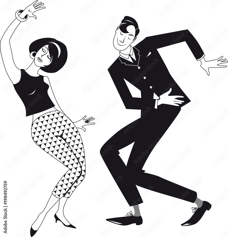 Mod couple dressed in early 1960s fashion dancing the Twist, EPS 8 ...