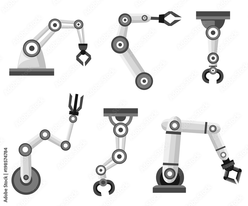 Set of robotic arms. Robotic arm manufacture. Cartoon style icon. Vector illustration isolated ...