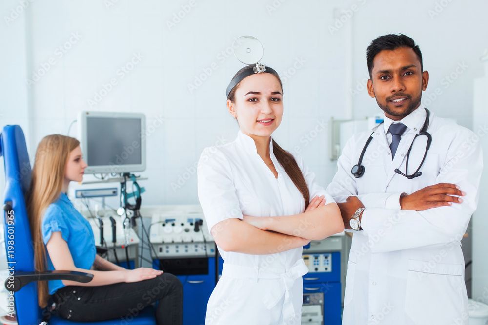 ENT medical student beautiful girl in yellow uniform with stethoscope ...