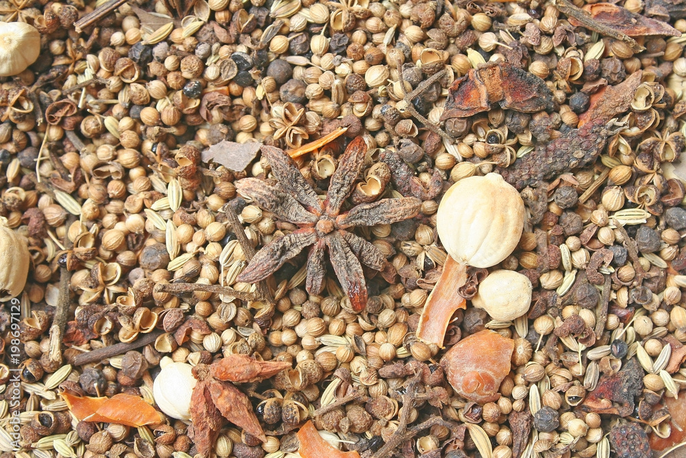 Variety of spices background ,Various parts of plants such as seeds ...