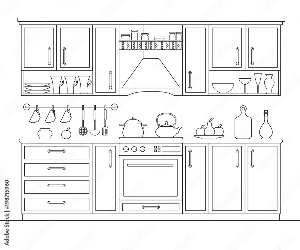 Kitchen interier in outline style. Vector linear illustration. Plan of ...