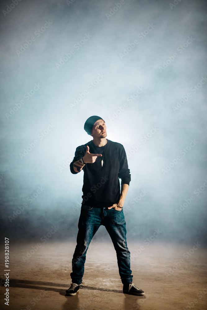 caucasian teenage showing rapper gesture on the street. hand putting on ...
