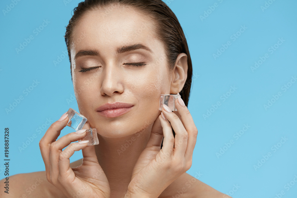 Face Skin Care. Woman Applying Ice Cubes Stock Photo | Adobe Stock