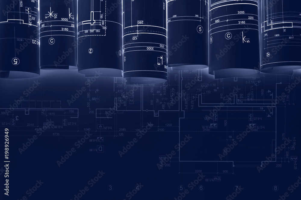 architectural projects and blueprint rolls on architect workplace ...