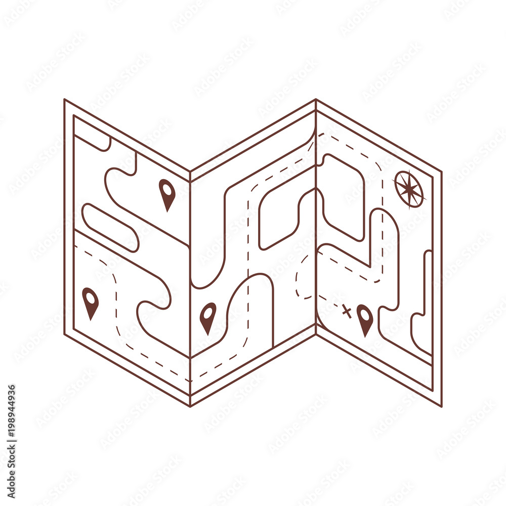 Isometric tourist map vector icon with forest area and pins in line art ...
