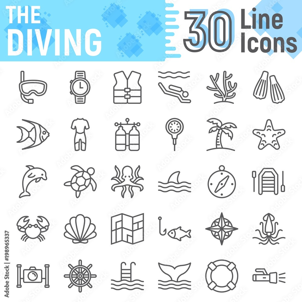 Scuba diving line icon set, underwater symbols collection, vector sketches, logo illustrations ...