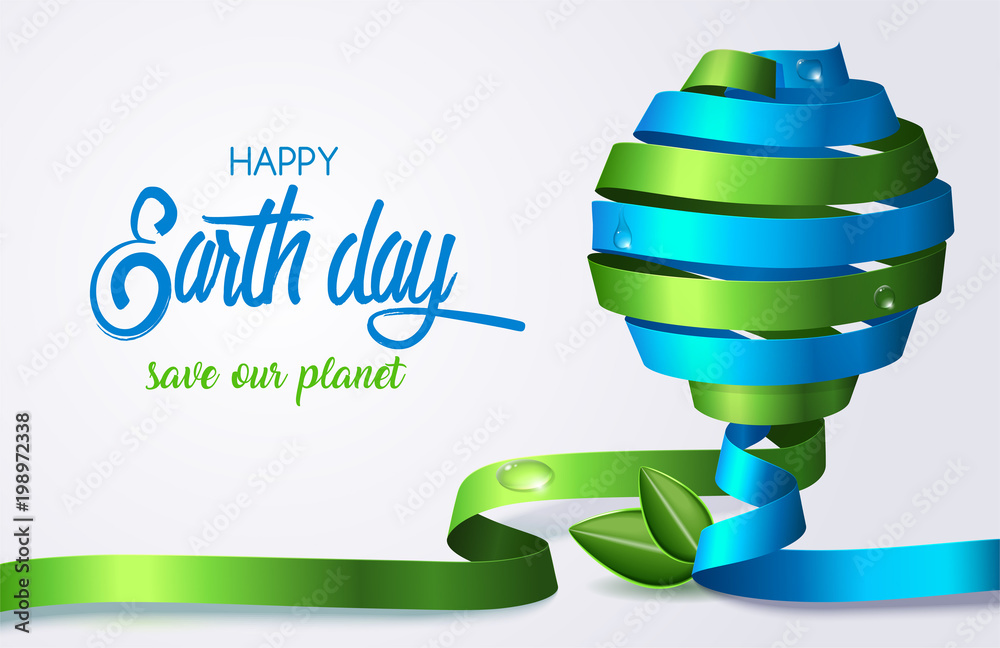 Happy Earth Day. Twirl green and blue ribbon in form earth globe ...