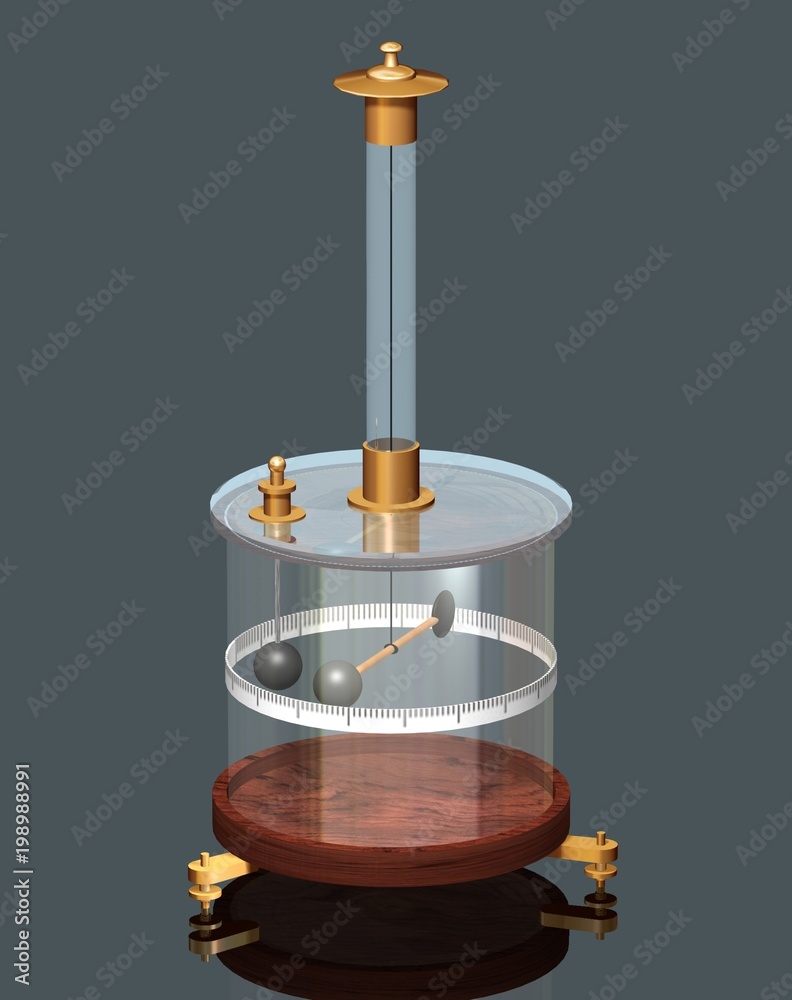 Coulomb's Torsion Balance. 3D illustration of the torsion balance apparatus on a mirror black ...
