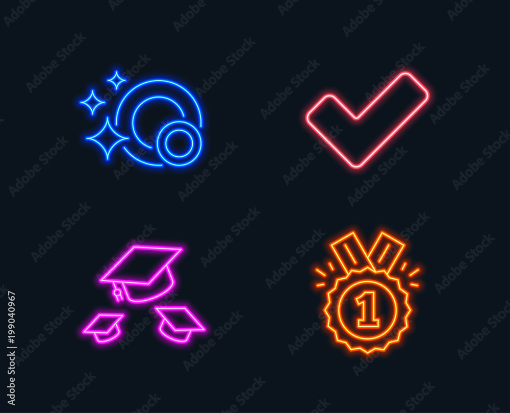 Neon lights. Set of Clean dishes, Throw hats and Tick icons. Approved ...