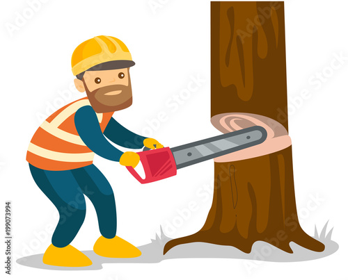 Young caucasian white woodcutter in workwear and hard hat cutting tree ...