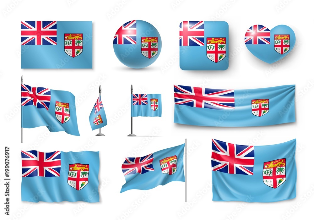 Set Fiji realistic flags, banners, banners, symbols, icon. Vector ...