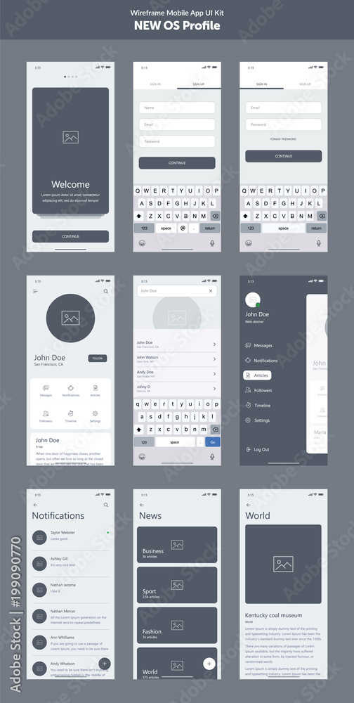 Wireframe kit for mobile phone. Mobile App UI, UX design. New OS ...
