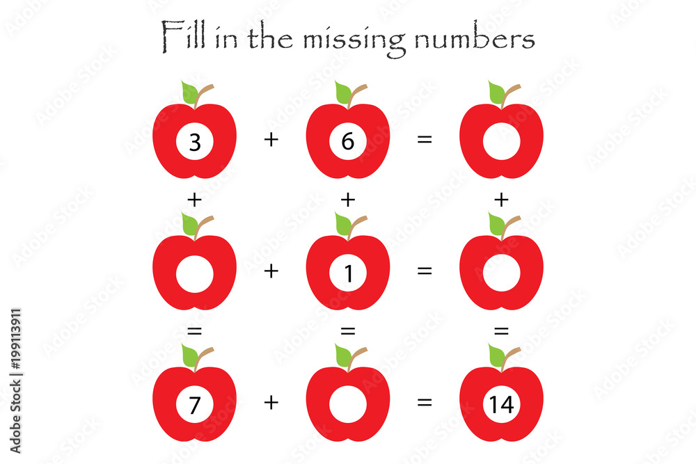 Mathematics game with apples for children, fill in the missing numbers ...