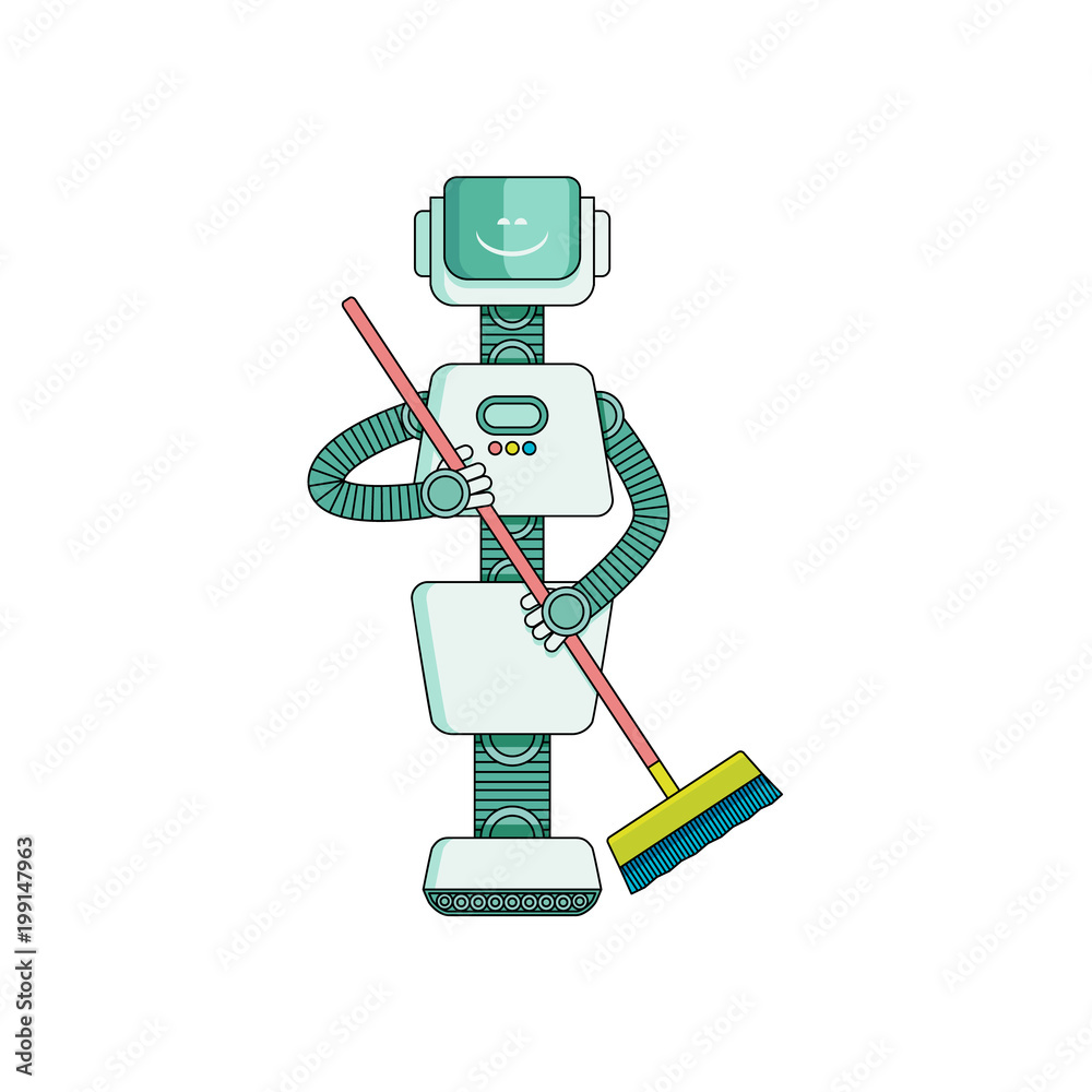 Robot doing housework on cleaning house - sweeping floor with broom ...