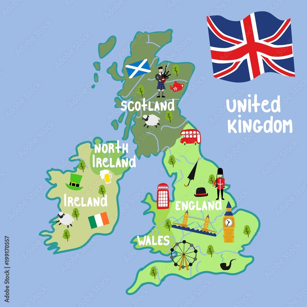 vector cartoon United Kingdom map with national symbols. Marching ...