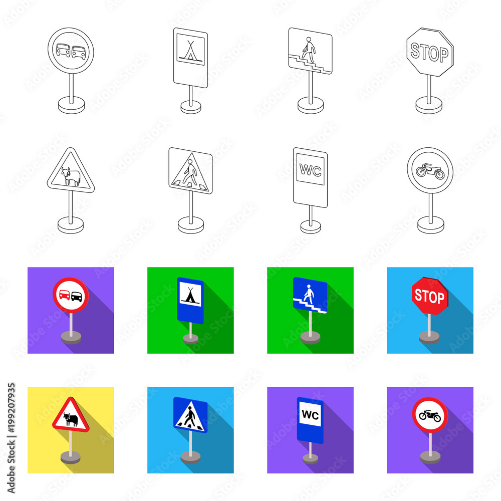 Different types of road signs outline,flet icons in set collection for ...