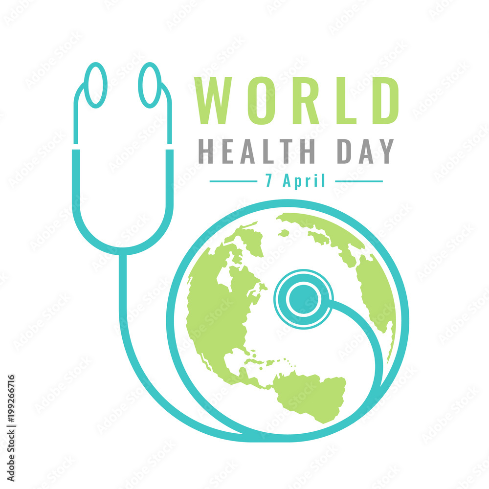 World Health day banner with blue stethoscope sign and green world map ...