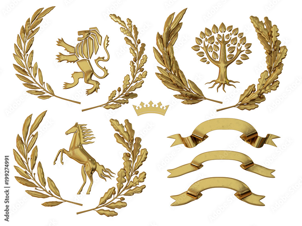 3D illustration, 3d rendering, of heraldry. A set of objects. Golden ...