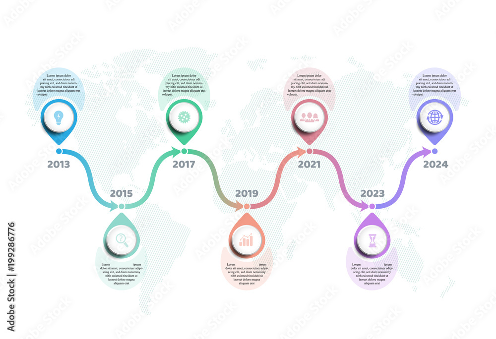 Infographic milestones template with 7 option map pointer. Time scale ...