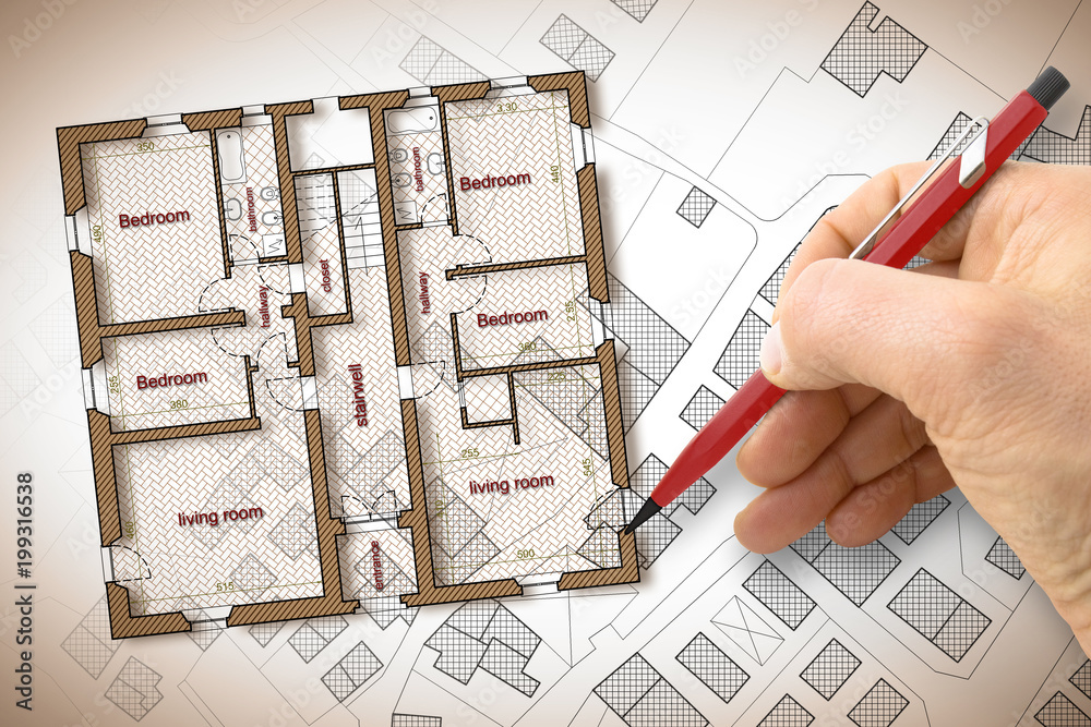 Architect drawing a residential building over an imaginary cadastral ...