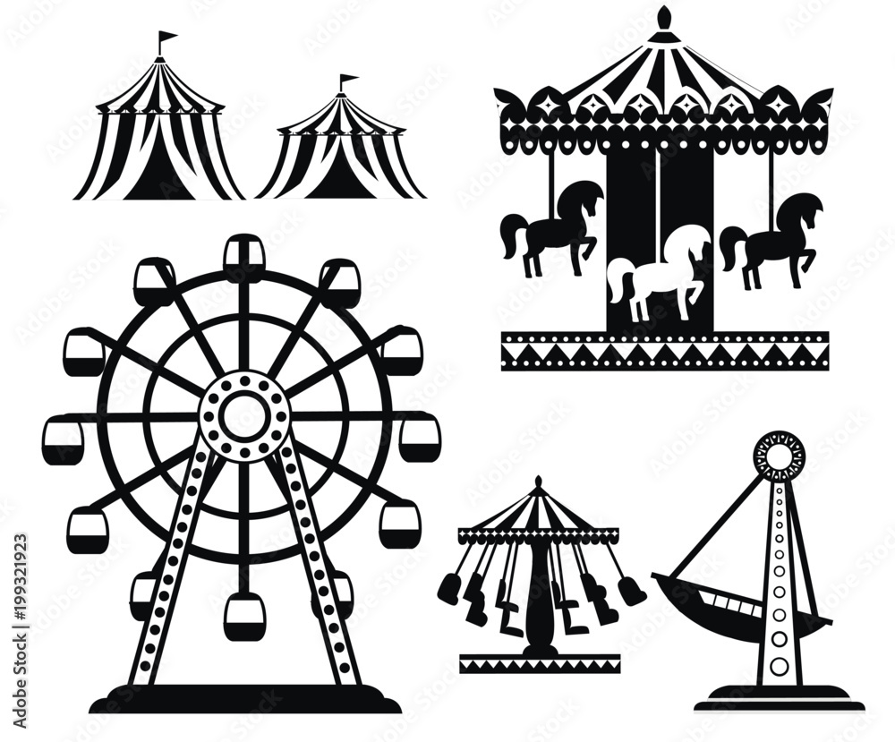 Black silhouette. Set of carnival circus icons. Amusement park ...
