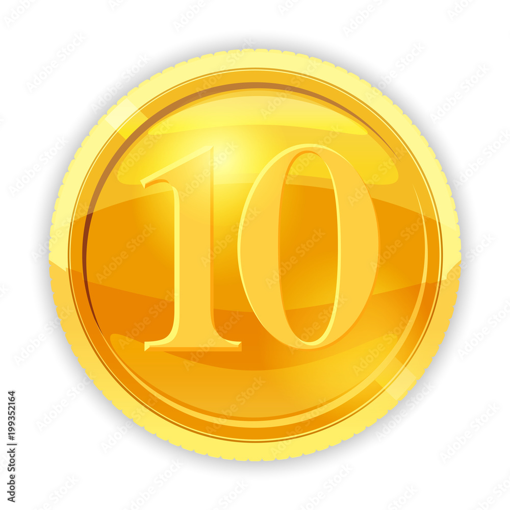 Gold coin, value 10, vector, illustration, cartoon style, isolated ...