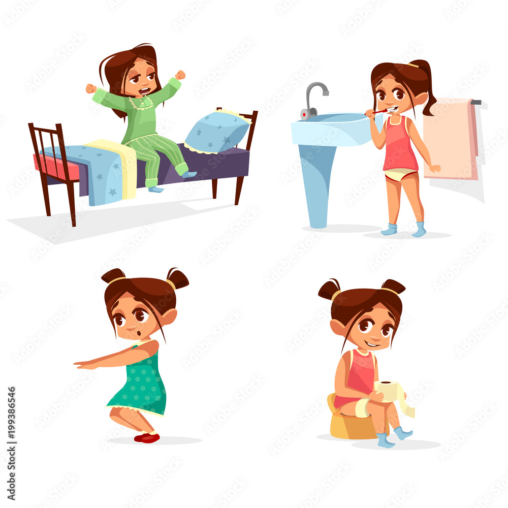 Girl kid morning routine vector cartoon illustration. Flat design of ...